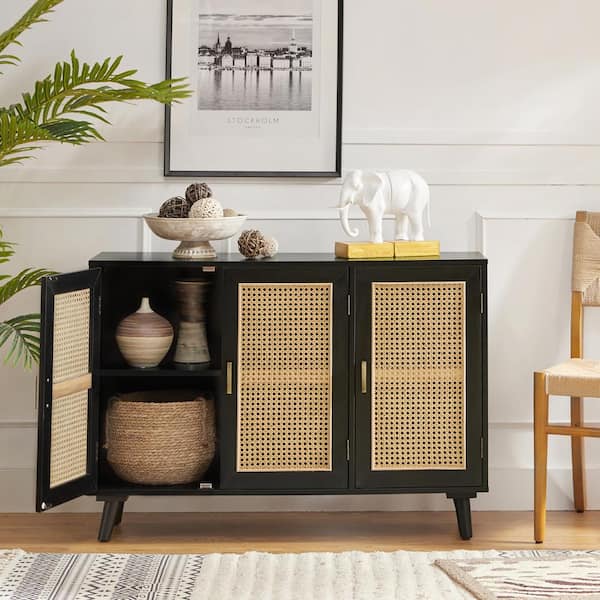 JAYDEN CREATION Ezio 3-Door Black Rattan Accent Cabinet with JAYDEN CREATION Ezio 3-Door Black Rattan Accent Cabinet with