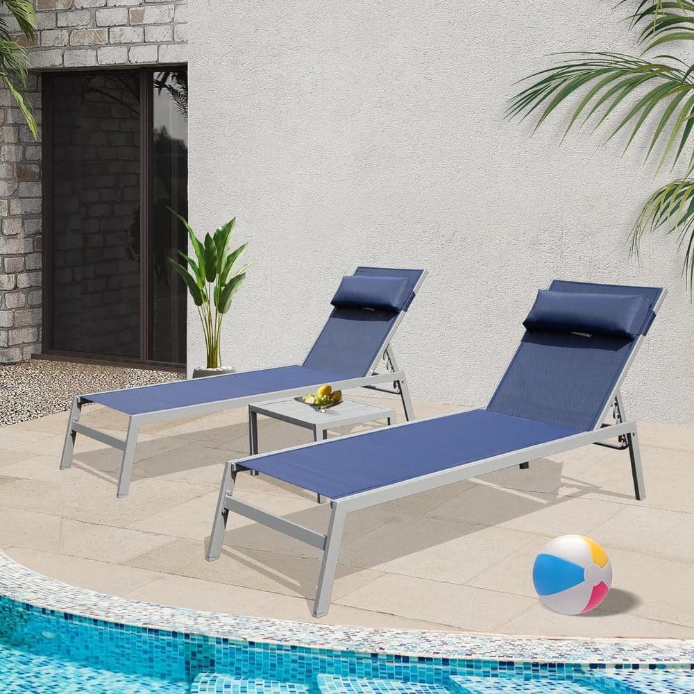 Patio Chaise Lounge (Set of 3) Aluminum Metal Outdoor Pool Lounge ...