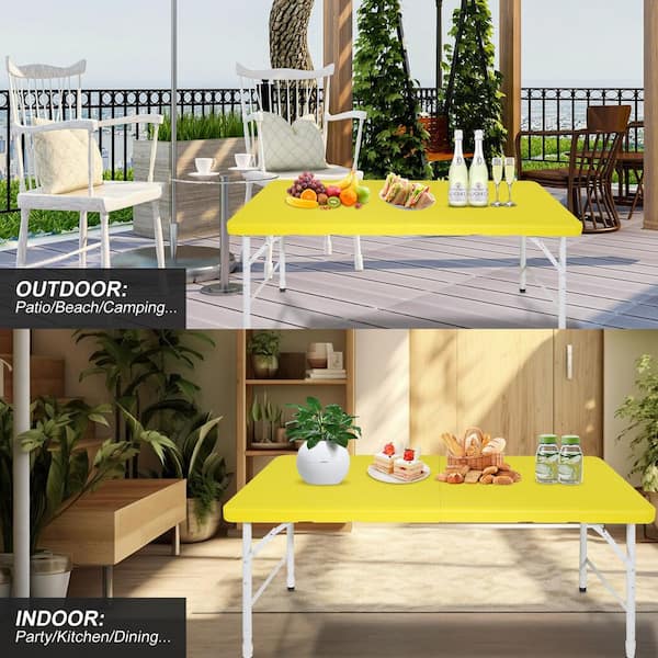 4 ft. Yellow Plastic Portable Folding Table Indoor Outdoor Utility Table with Adjustable Height FF W2031P154381 The Home Depot