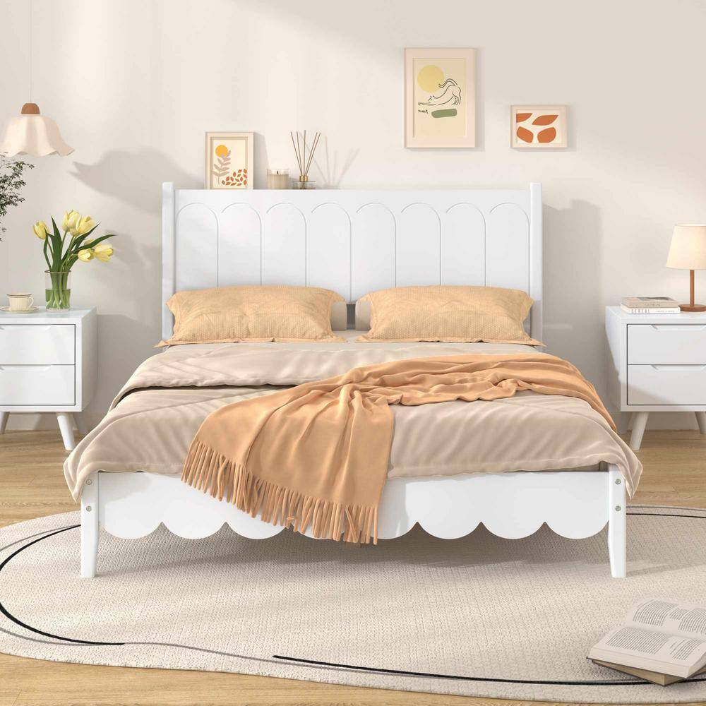 Polibi Retro Style White Wood Frame Full Size Platform Bed with ...