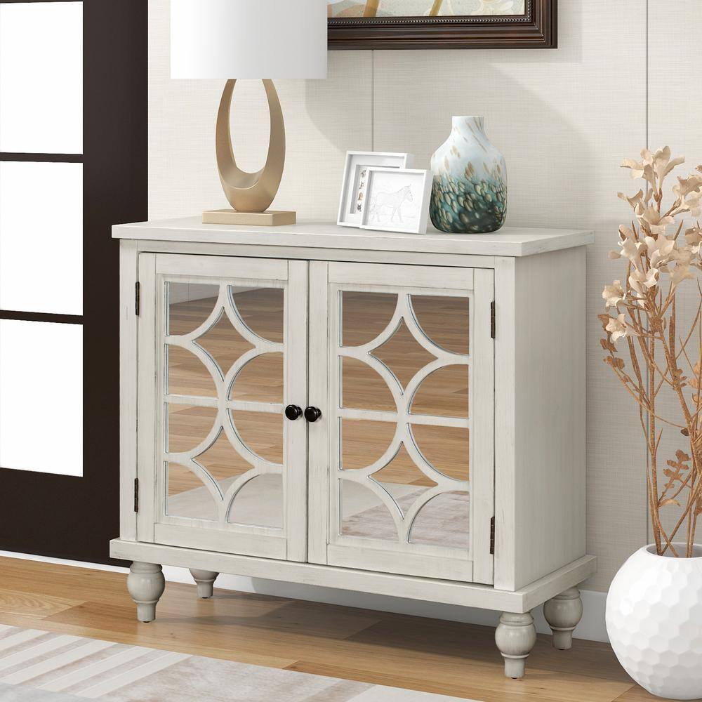 ANBAZAR Antique White Wood Storage Accent Sideboard Cabinet End Table with Decorative Mirrored ...