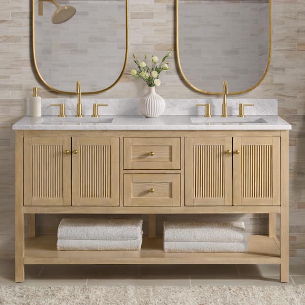 Home Decorators Collection Arcott 61 in. Double Sink Fluted Natural ...