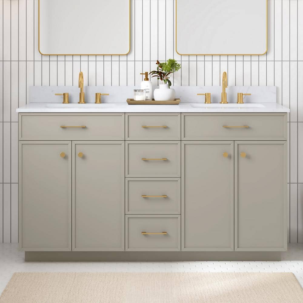 Glacier Bay Marcote 60 in. Double Sink Greige Bath Vanity with White ...