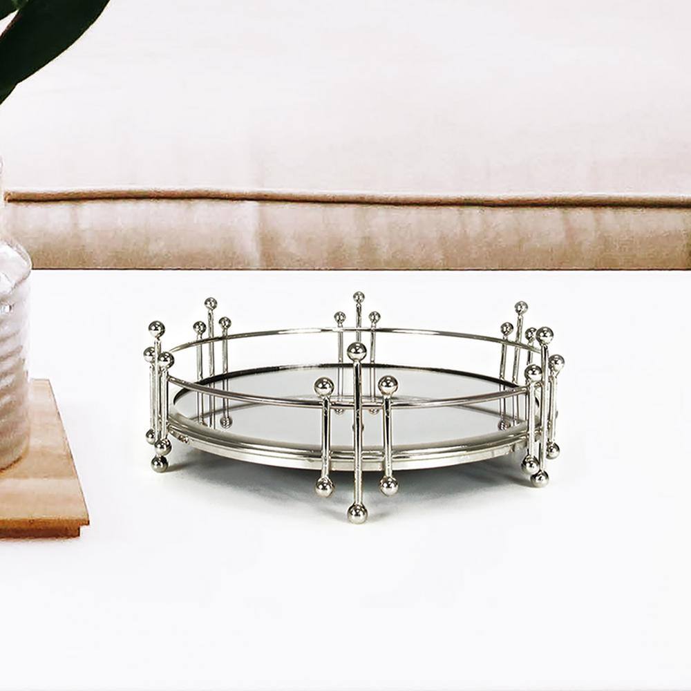 LIVING LUXURY Radiant 10 in. Silver Round Metal Mirror Decorative Tray ...