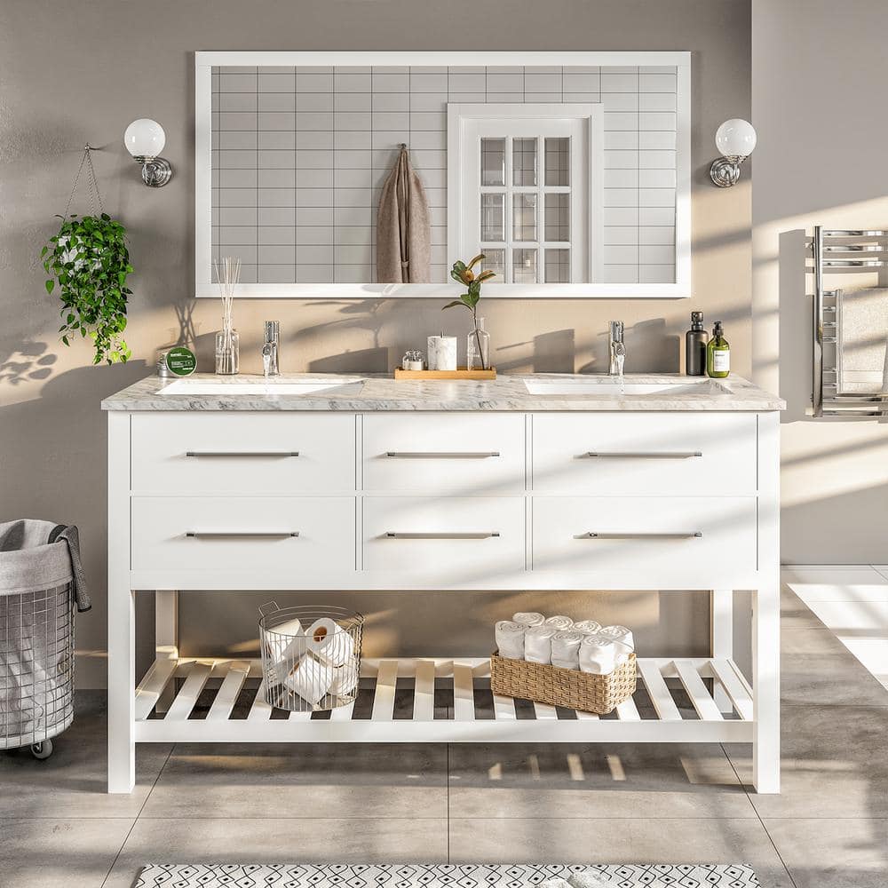 Eviva Natalie 60 in. Double Sink White Bath Vanity with White Carrara ...