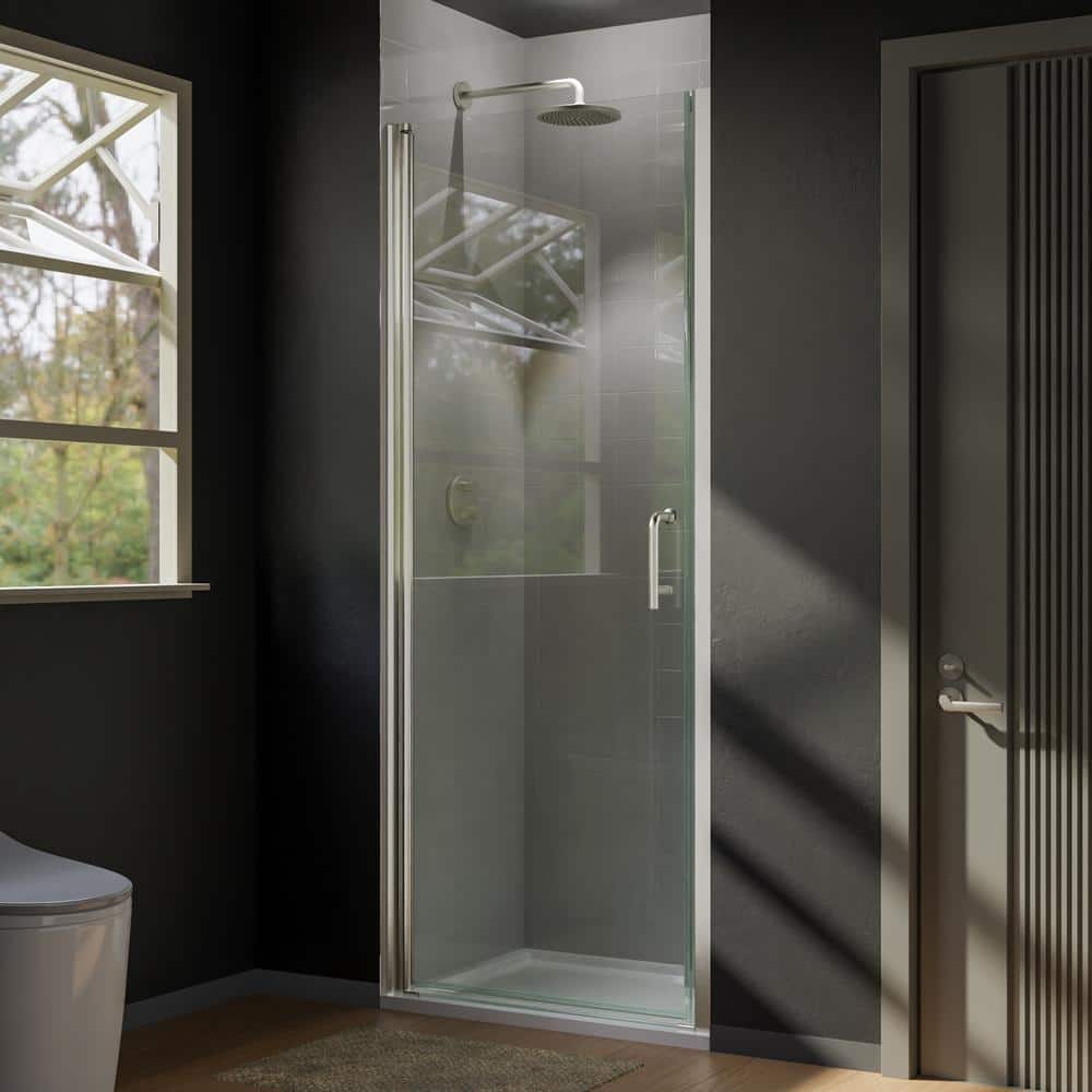 ANGELES HOME 30-31 3/8 in. W x 72 in. H Semi-Frameless Pivot Shower Door in Brushed Nickel with ...