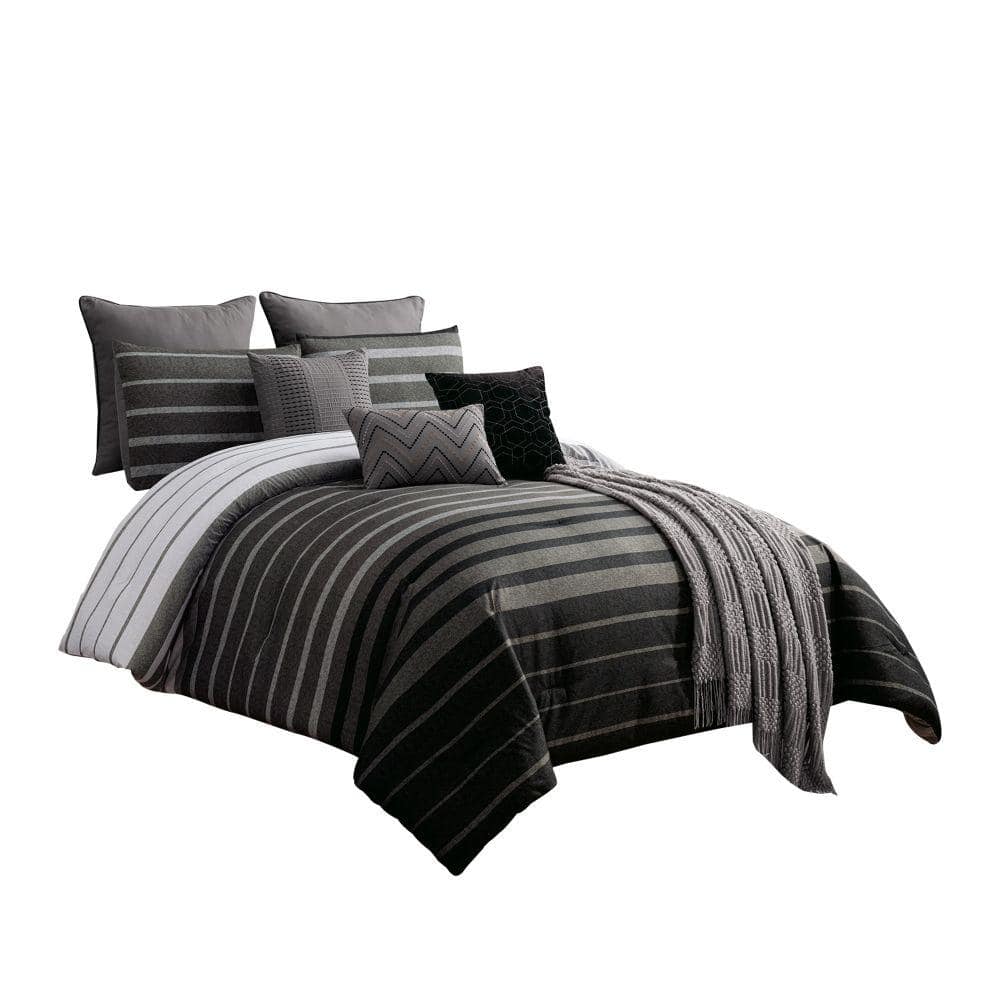 Benjara 10- Piece Black and Gray Striped Polyester Queen Comforter Set ...