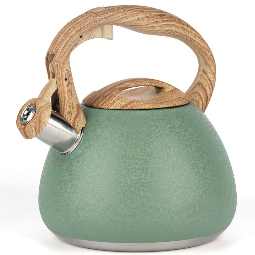 Wudkey 10-Cup Sage Green Stainless Steel Stovetop Tea Kettle with Wood ...