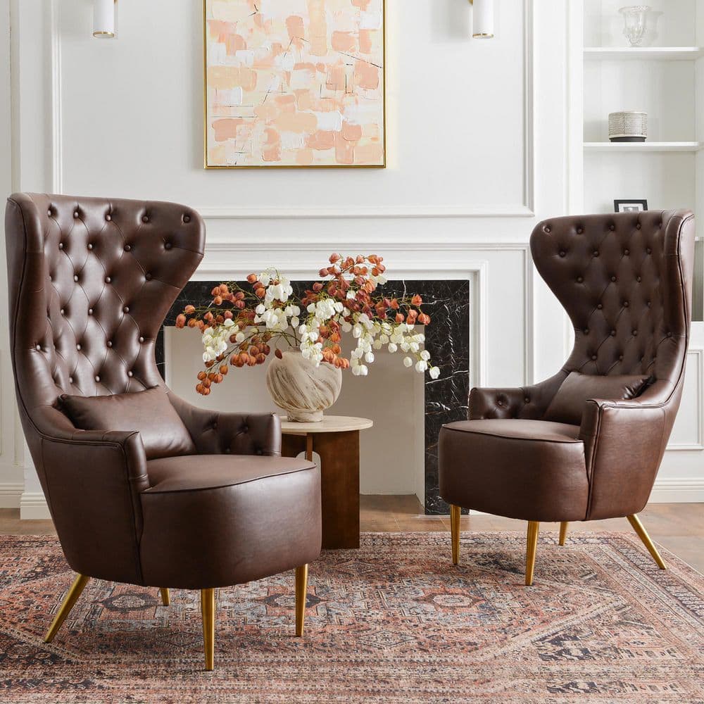 KINWELL Brown Modern Upholstered Tufted Faux Leather Wingback Dining ...