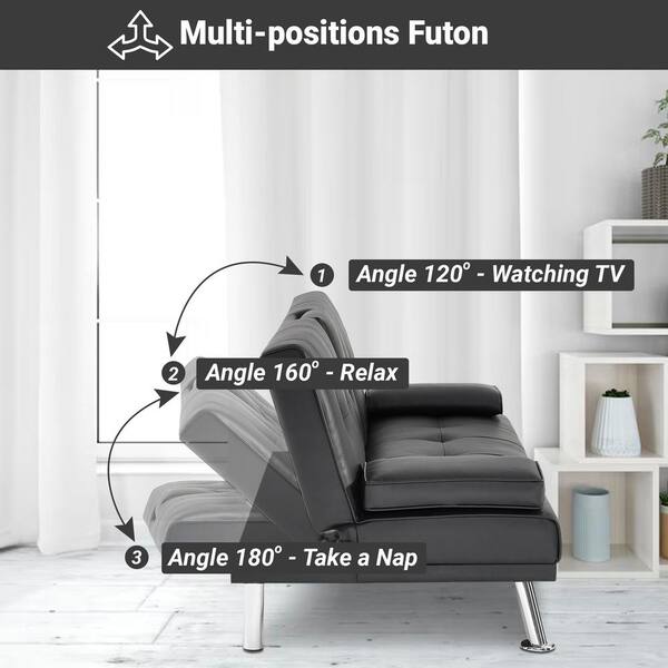 MAYKOOSH 66 in Black Futon Sofa Mattress Faux Leather Couch with Armrest and 2 Cupholders Square Arm Rectangle with Metal Legs 29470MK The Home Depot
