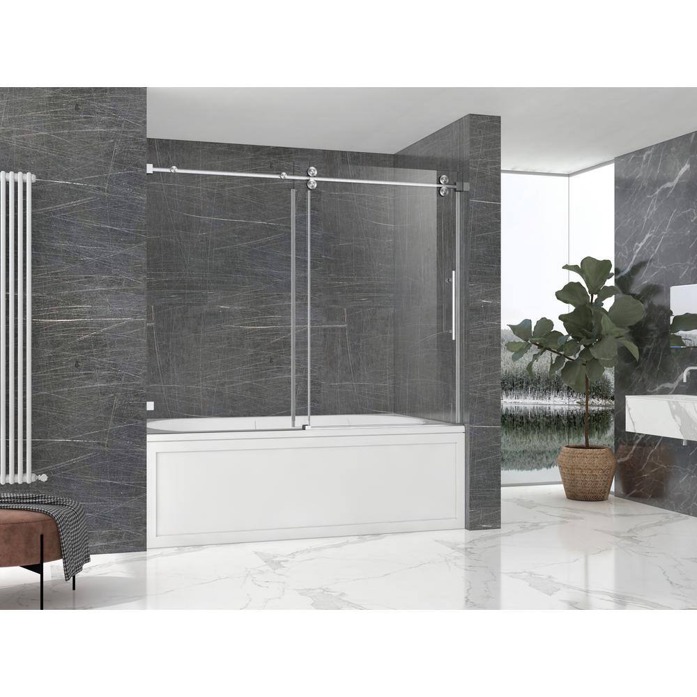 MCOCOD 60 in. W x 66 in. H Single Sliding Frameless Tub Door in Chrome ...