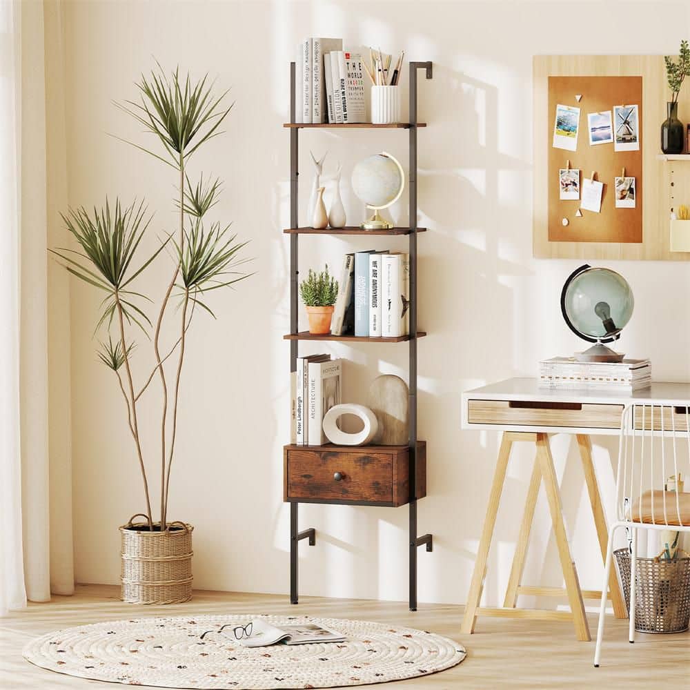 HONEY JOY 2-Pieces 5-Tier Wood Ladder Bookcase with Drawer 70 in. Tall ...
