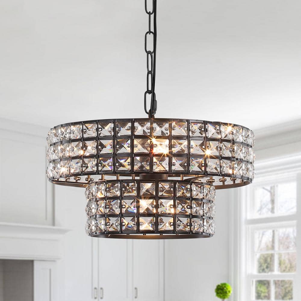 ZJVAIVE 3-Light Black Modern Metal Pendant Design 2-Tier Crystal ...