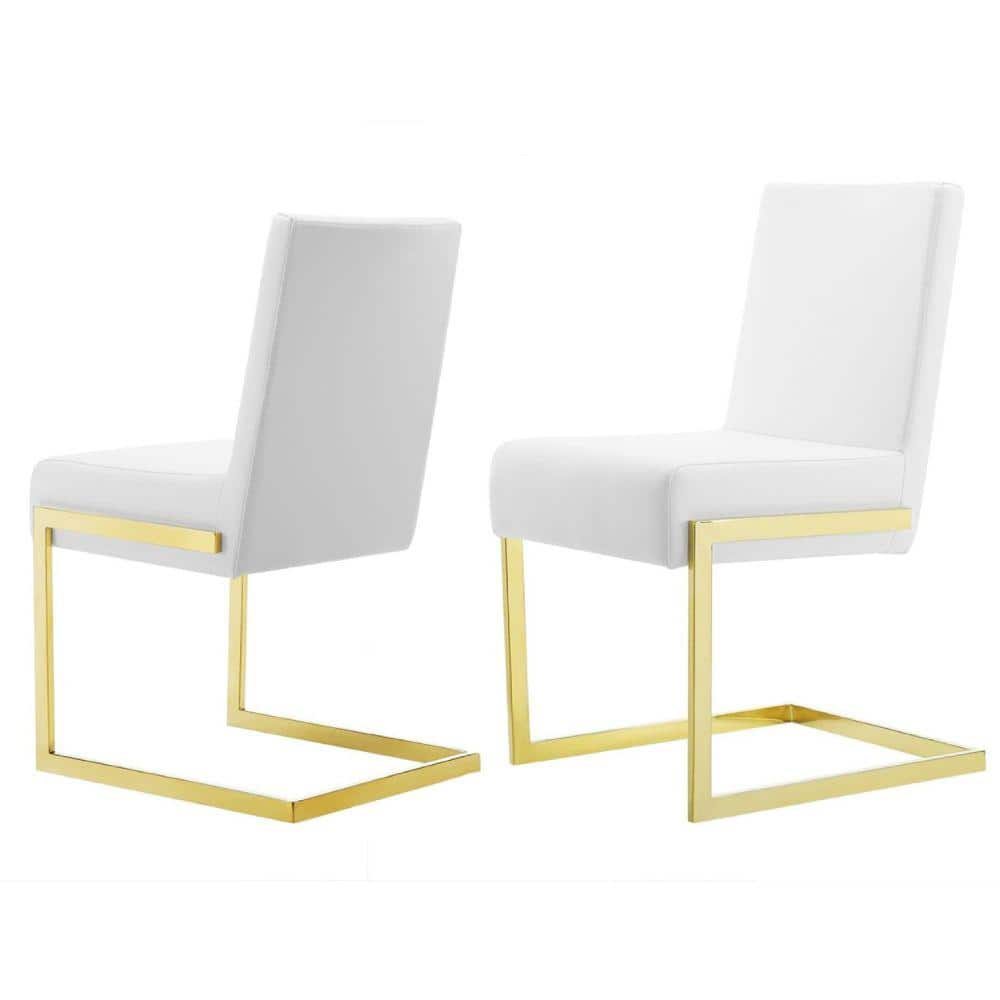 Benjara White and Gold Vegan Faux Leather Cantilever Base Dining Chair ...