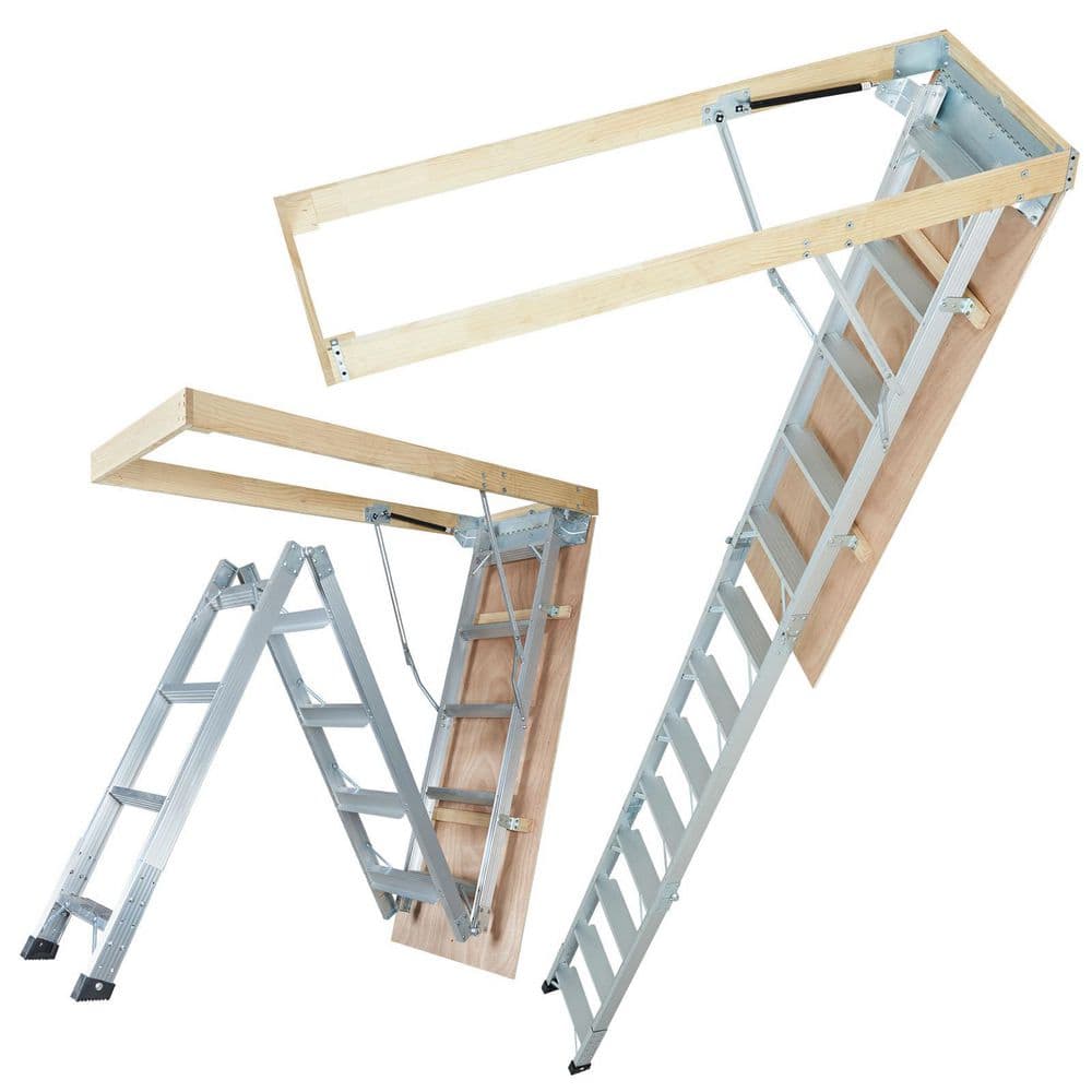 SKYSHALO Foldable Attic Ladder 350 lbs. Capacity Aluminium Extension 22 ...