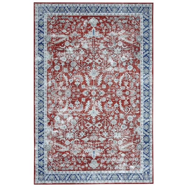 Garvee Red 5 ft. x 7 ft. Modern Persian Floral Distressed Indoor Area ...