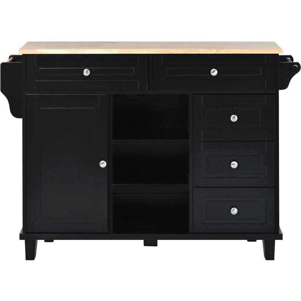 52.80 in. Black Kitchen Cart with Rubber Wood Desktop for Kitchen ...