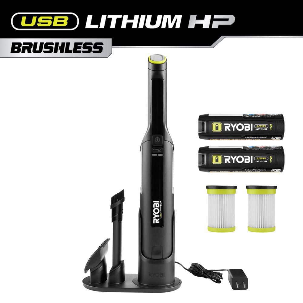 RYOBI USB Lithium HP Compact Handheld Vacuum Cleaner Kit with (2) USB ...