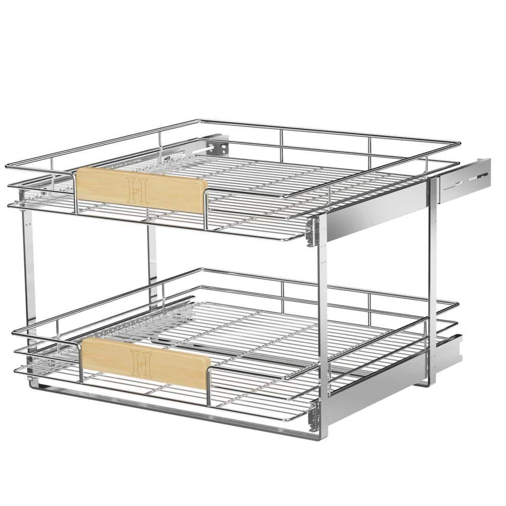 HOMEIBRO Space Saver Silver Metal Pull Out Organizer for Kitchen Wooden Handle Slide Out Storage