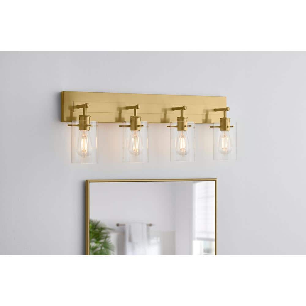 Hampton Bay Regan 29 in. 4-Light Brushed Gold Vanity Light with Clear ...