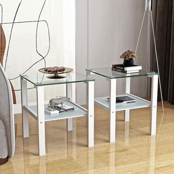 GOGEXX Set of 2 17.7 in. Square Dual-Layer Glass Side Tables, Clear ...