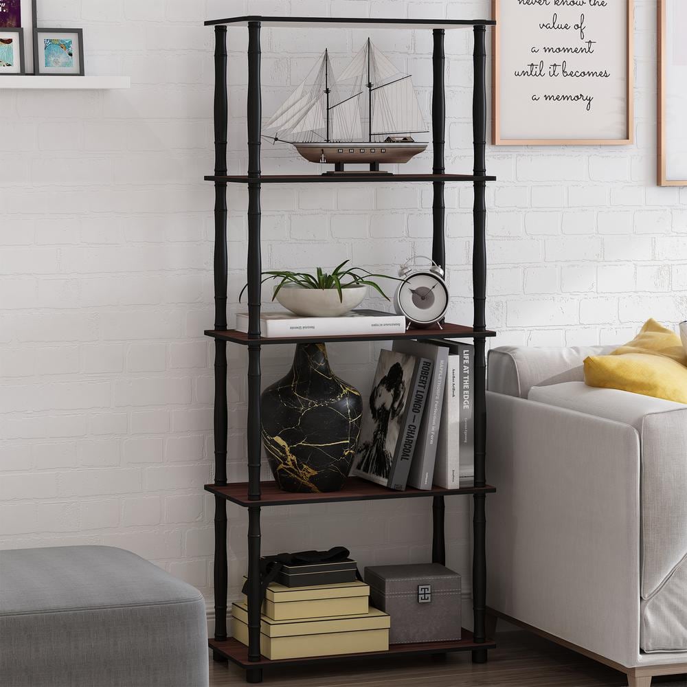 Furinno 57.4 in. Tall Dark Cherry/Black 5-Shelves Etagere Bookcases ...