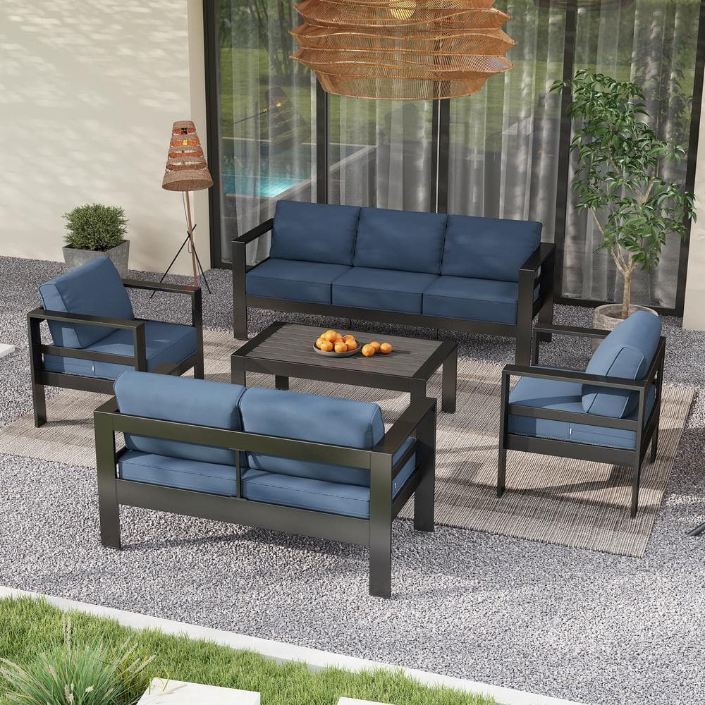 DIGITIME 5-Piece Outdoor Aluminum Patio Conversation Set with Blue ...
