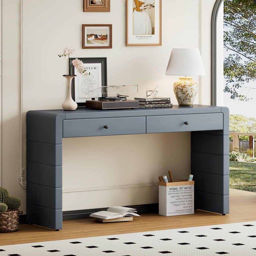 Nestfair 55 in. L Navy Rectangle Wood Console Table with 2 Drawers ...