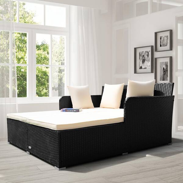 Costway Outdoor Patio Rattan Daybed Pillows Cushioned Sofa Furniture Beige