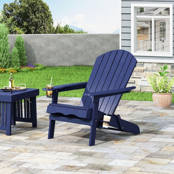 Blue Folding Wood Adirondack Chair with 2-Cup Holder for Patio, Garden ...