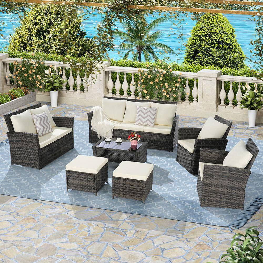 Sudzendf 7-Piece Wicker Outdoor Conversation Patio Furniture Set with ...
