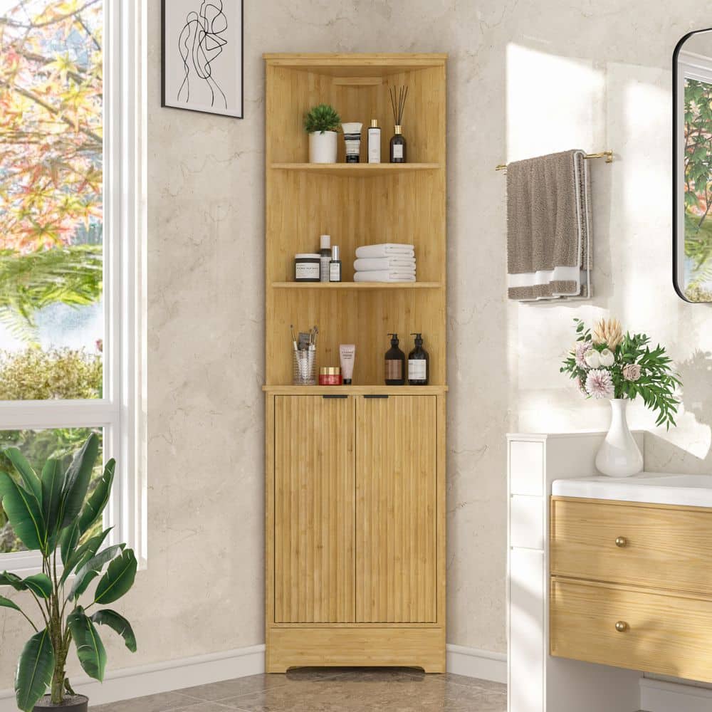 VEIKOUS 68 in. H Bamboo Corner Cabinet with Fluted Doors and Shelves ...