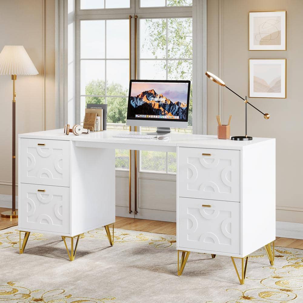 BYBLIGHT Moronia 59 in. Rectangle White Computer Desk, 4-Drawer Wood ...