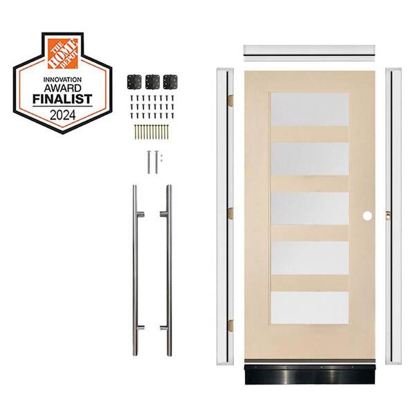 Krosswood Doors DIY RTA Kit Faux Pivot 36 x 79 in. ASCEND 5-Lite Frosted Glass LH Unfinished ...