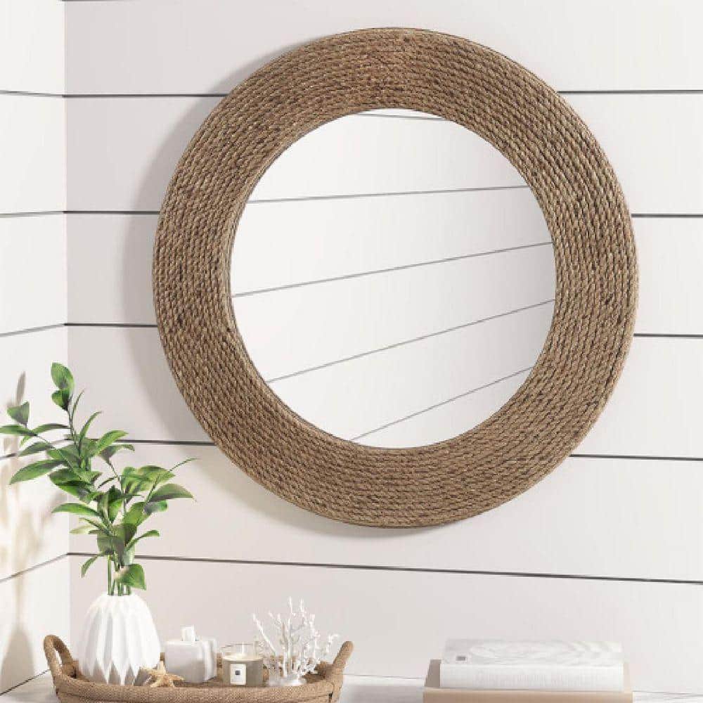 Wooakway Brown 26 in. W x 26 in. H Farmhouse Woven Accent Mirror ...