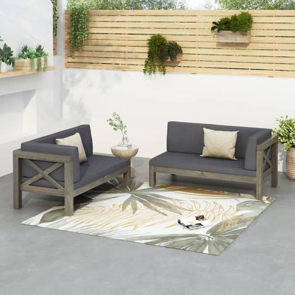 Tenleaf 2-Piece Wood Outdoor Sectional Set with Dark Gray Cushions ...