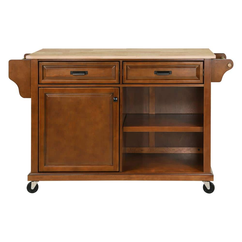 ANGELES HOME Brown Solid Wood Drop-Leaf Countertop 57.63 in. W Rolling Kitchen Island Cart on ...