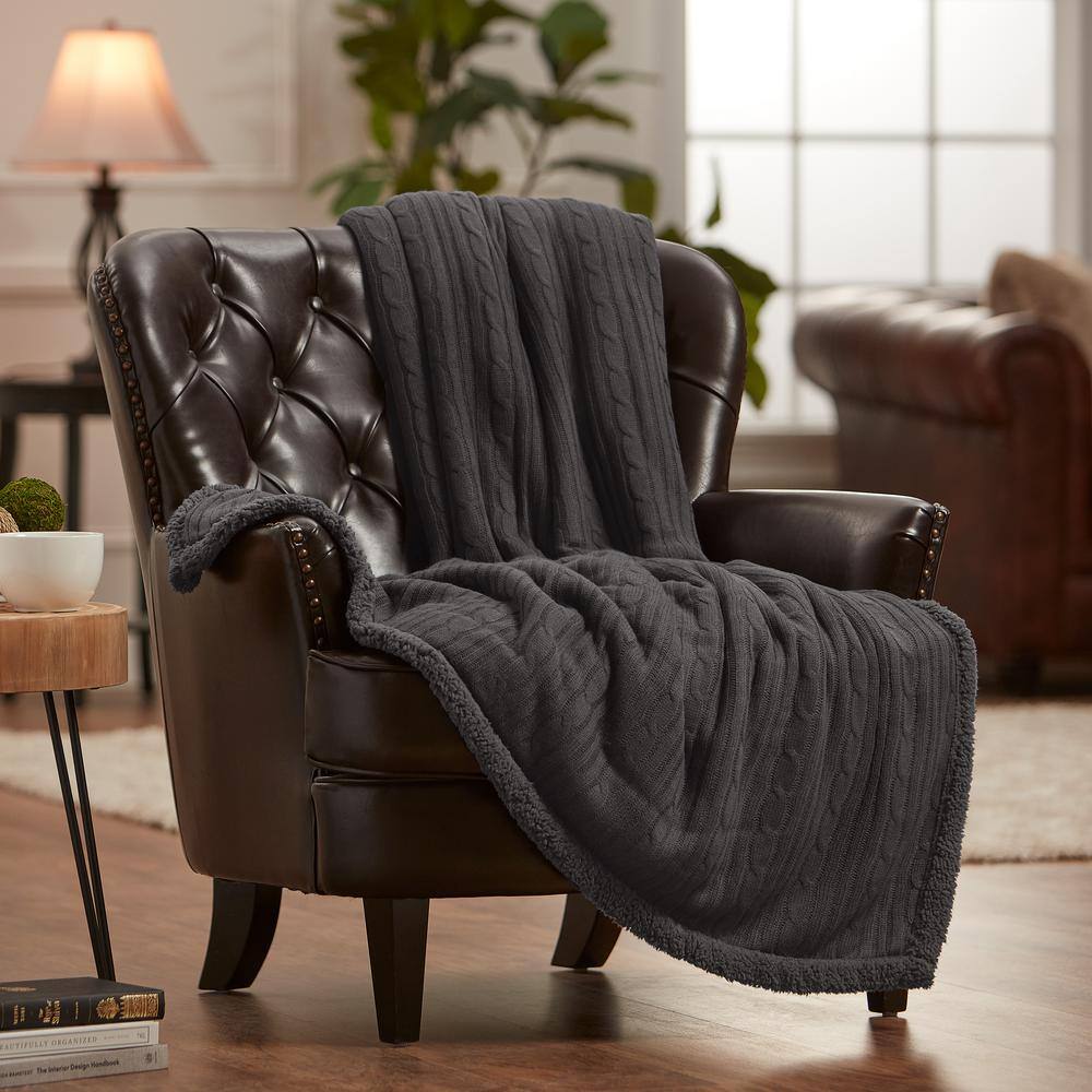 CHANASYA Cable Knit Graphite Polyester Throw Blanket with Reversible ...