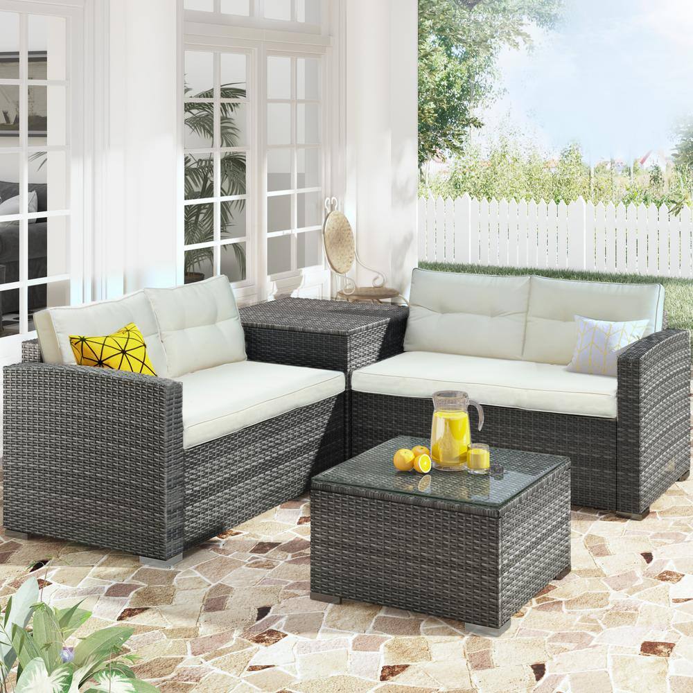 SUNRINX 4-Piece Wicker Patio Conversation Set with Beige Cushions MG36 ...