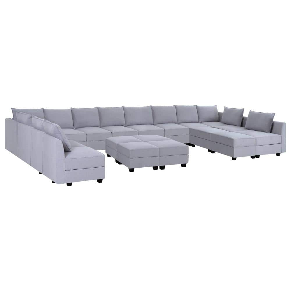 HOMESTOCK 215.96 in. W Modern 13-Seater Upholstered Linen Sectional ...