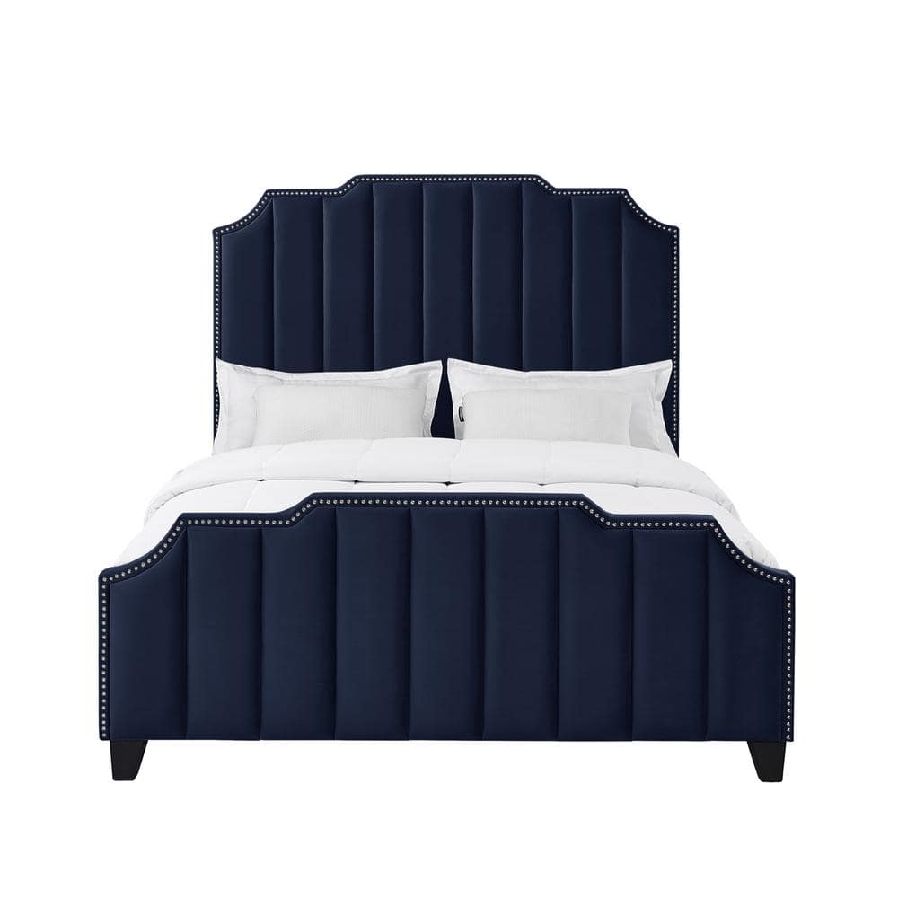 Inspired Home Aizen Navy Blue Bed Frame Material Wood Queen Size ...