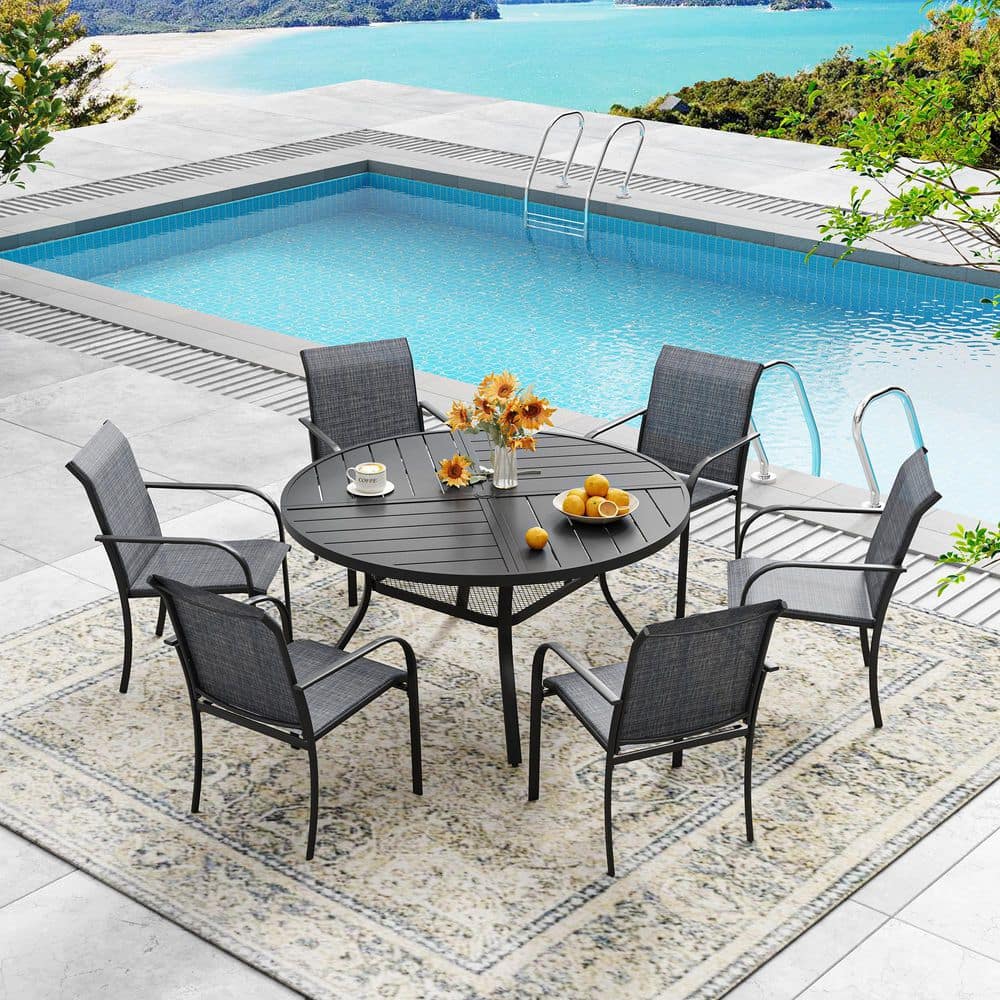 DIFY 7-Piece Outdoor Patio Dining Set with 47.2 in. Black Round Table ...