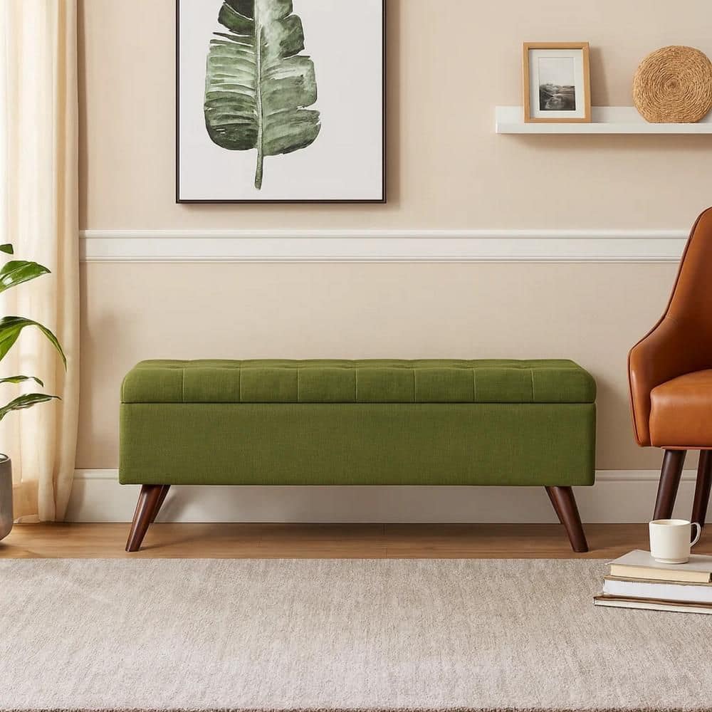 Benjara Eva Olive Green and Walnut Brown Fabric Rectangle Storage ...