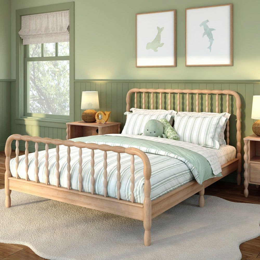 PLANK+BEAM Jenny Lind Beige Wood Frame Queen Platform Bed with Solid ...