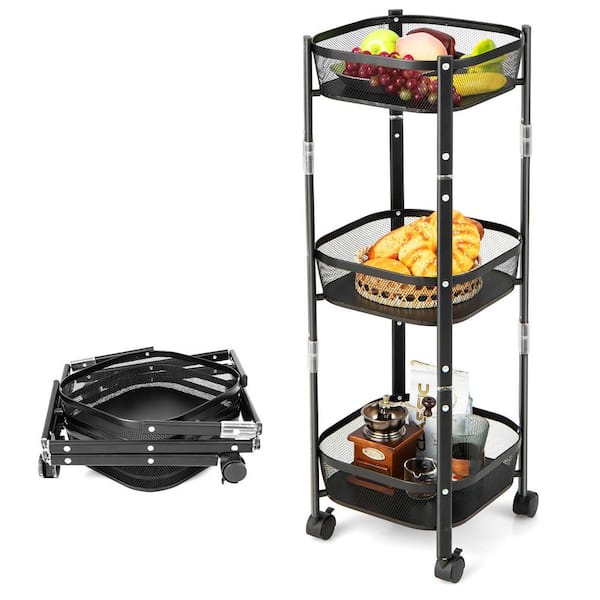 ANGELES HOME 3 Tier Black Small Metal Foldable Rolling Kitchen Cart ...