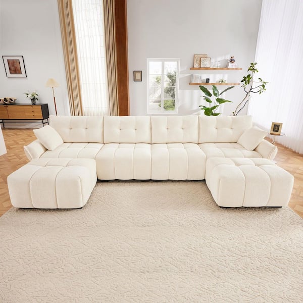 Noble House Tina 141.7 in. Flared Arm Chenille Upholstered U Shaped Sectional Sofa in. White ...