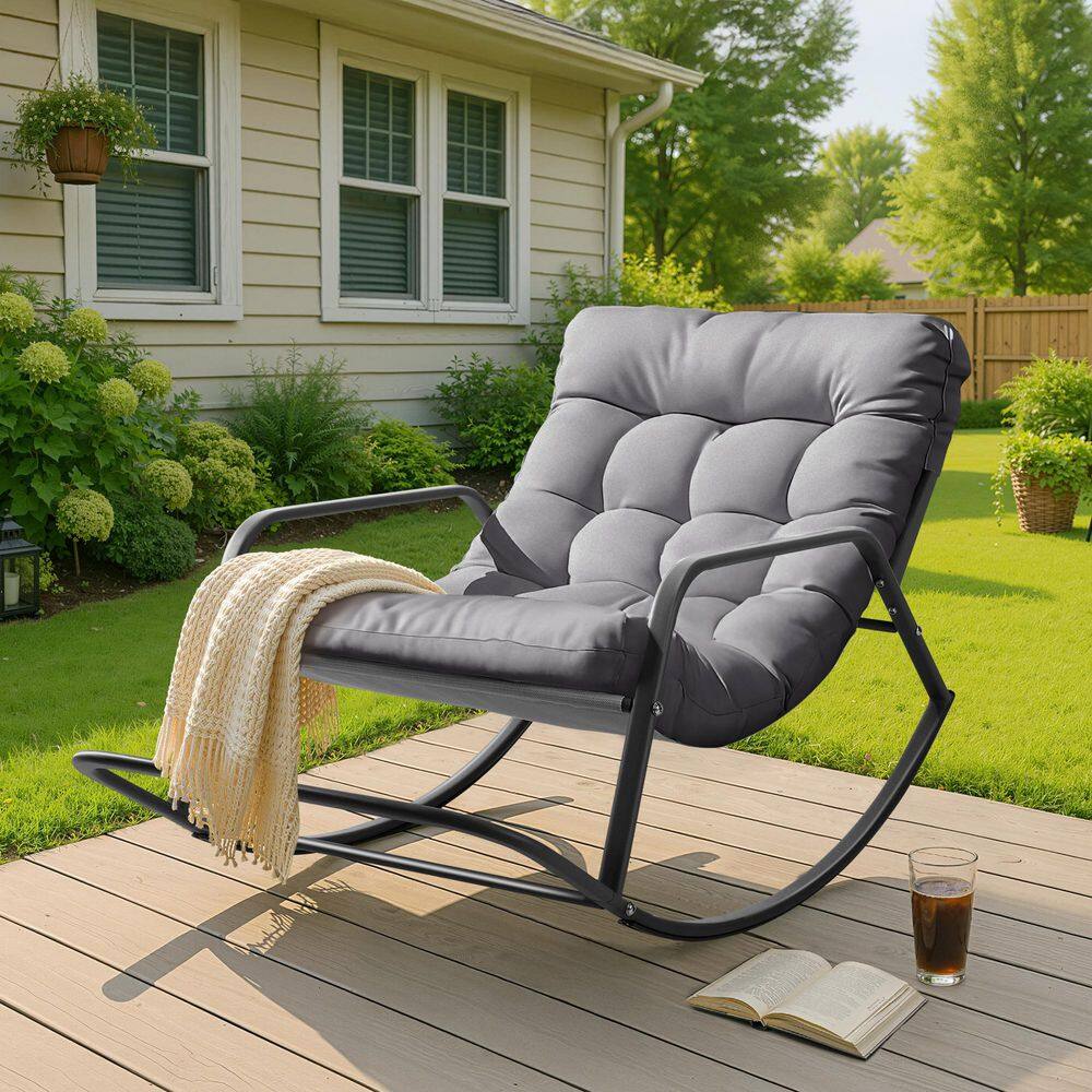 Oversized Gray Metal Outdoor Rocking Chair Papasan Lounge Chair with ...