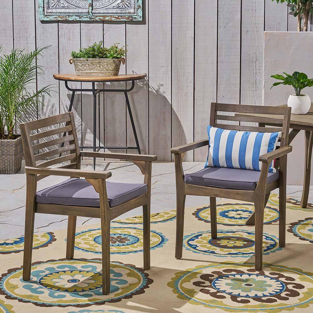 wayofatry 2-Pieces Outdoor Wood Dining Chairs with Dark Gray Cushions ...