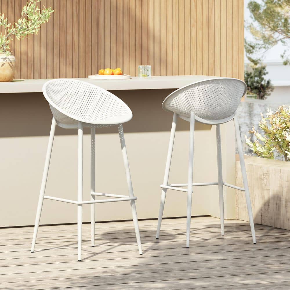 2-PC White Metal & Plastic Outdoor Bar Stools with Weather-Resistant ...
