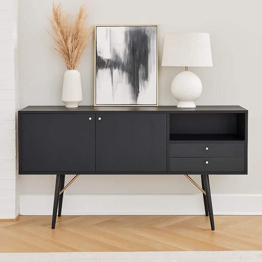 Benjara Belo Black and Gold Wood 63 in. Sideboard Buffet Console with ...